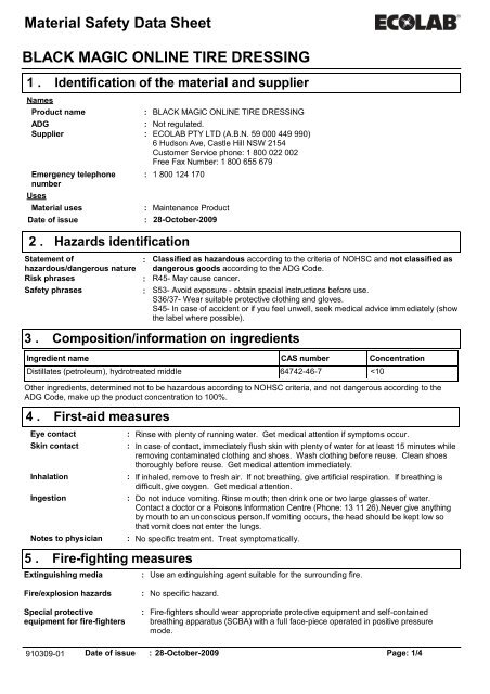 Material Safety Data Sheet BLACK MAGIC ONLINE TIRE DRESSING