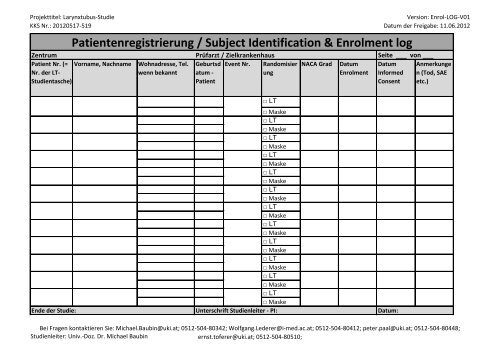 Patientenregistrierung / Subject Identification & Enrolment log