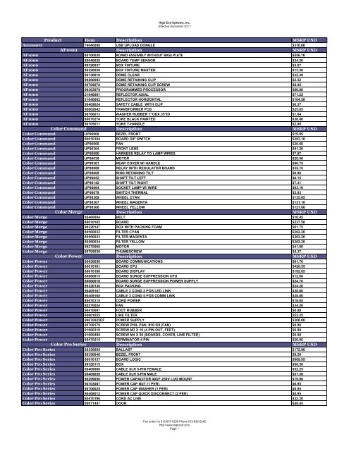 DEC 2011 PARTS PRICING - High End Systems