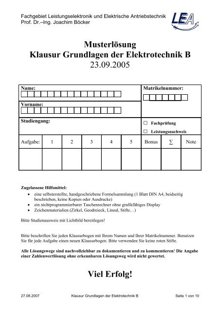 Musterlösung Klausur Grundlagen der Elektrotechnik B - Fachgebiet ...