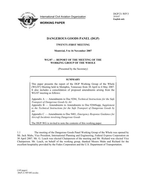 DANGEROUS GOODS PANEL (DGP) - ICAO