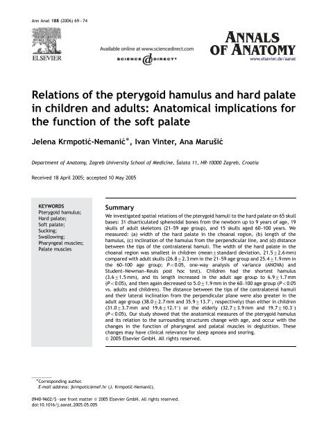 Relations of the pterygoid hamulus and hard palate in children and ...