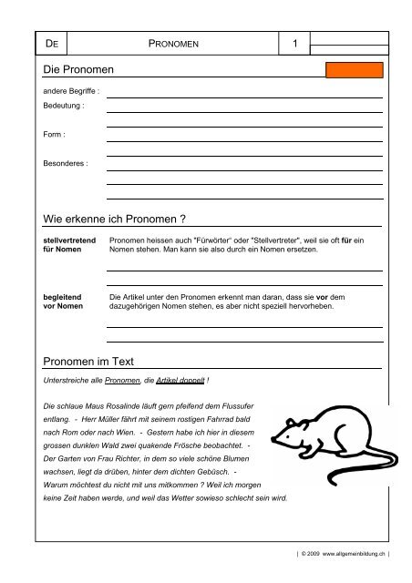 Die Pronomen Wie erkenne ich Pronomen - Allgemeinbildung.ch
