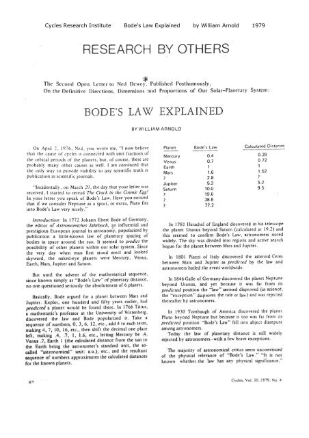 Cycles Research Institute Bode's Law Explained by William Arnold ...