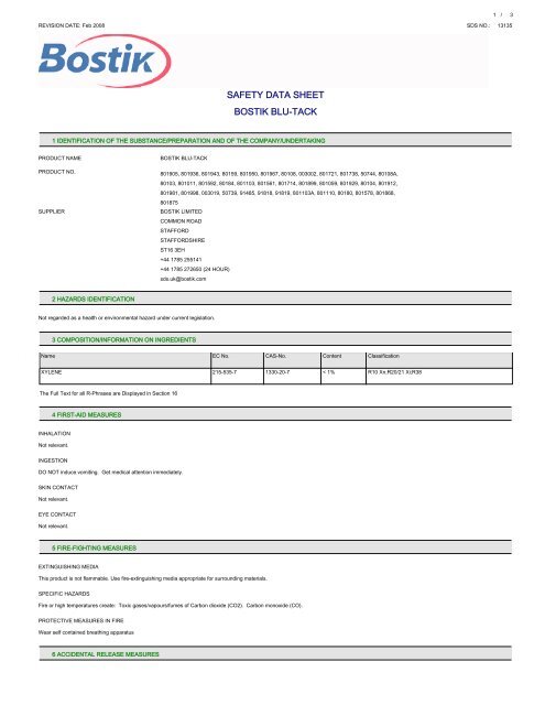 SAFETY DATA SHEET BOSTIK BLU-TACK - Farnell
