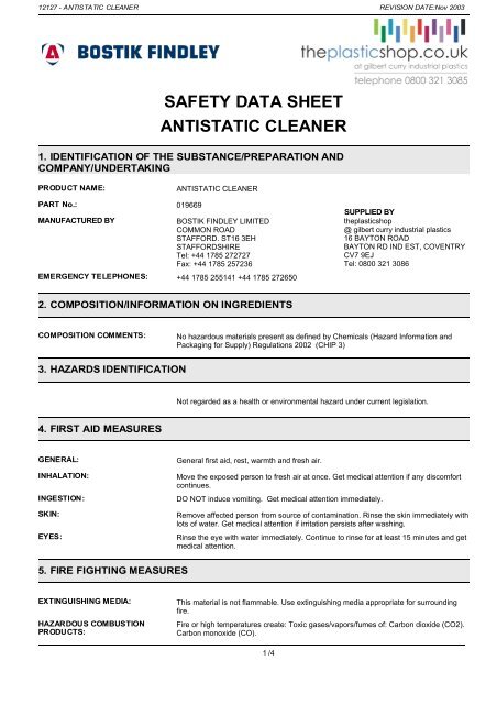 Anti Static Cleaner for Perspex and Other Plastics - Safety Data Sheet