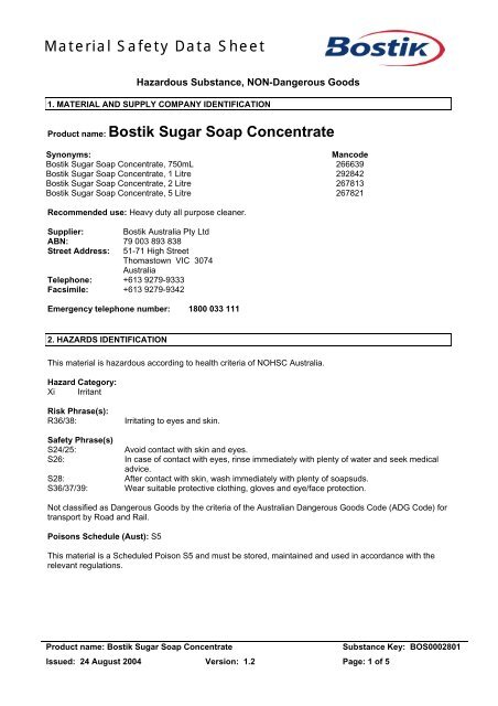 Material Safety Data Sheet Product name: Bostik Sugar Soap ...