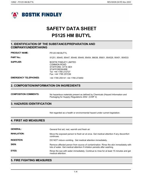 SAFETY DATA SHEET P5125 HM BUTYL - Bostik-amer.com