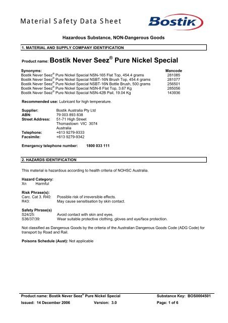 Material Safety Data Sheet Product name: Bostik ... - Houston Controls