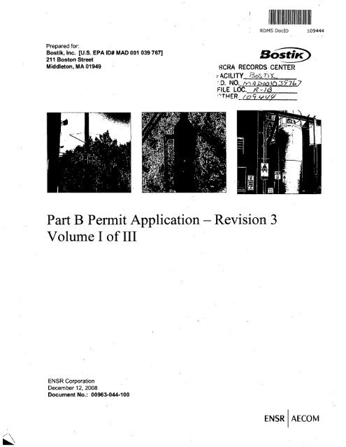 bostik inc, part b permit application - revision 3 - US Environmental ...