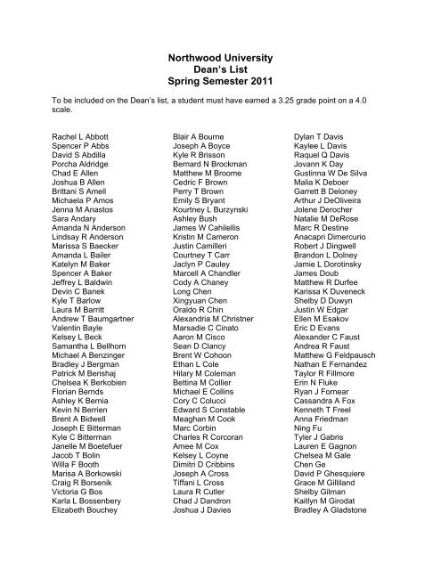 Northwood University Dean's List Spring Semester 2011