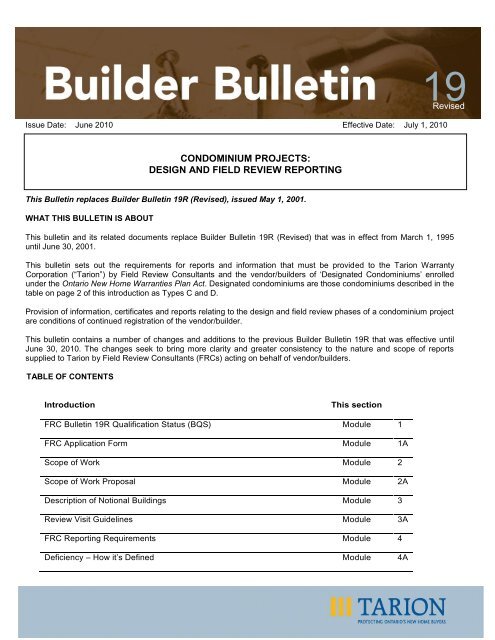 Builder Bulletin 19R - Tarion