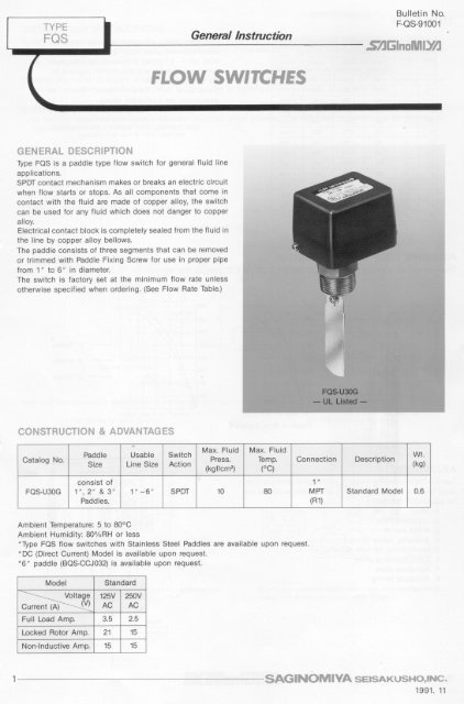 Saginomiya Flow Switch - Seng Choon Engineering