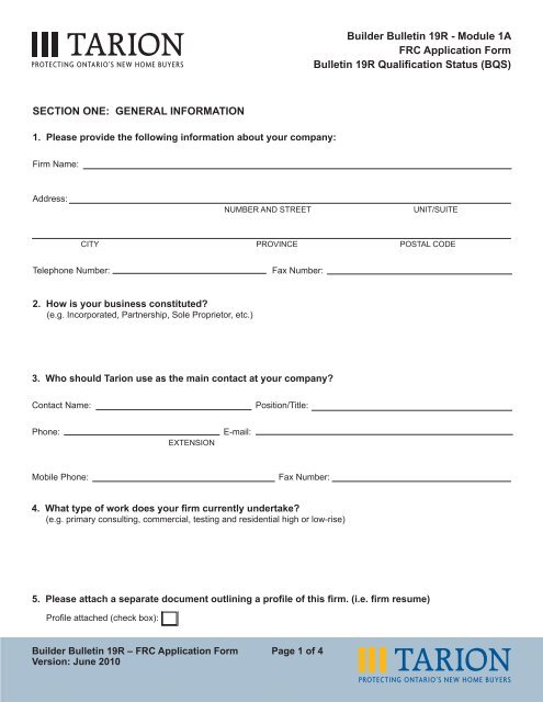 Builder Bulletin 19R - Module 1A FRC Application Form ... - Tarion