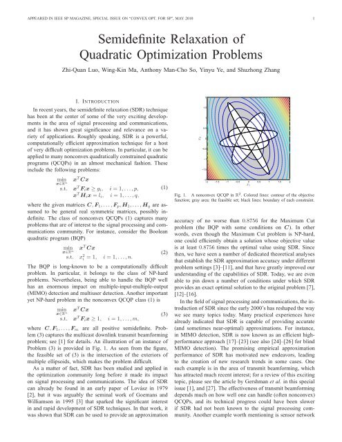 Semidefinite Relaxation Of Quadratic Optimization Problems