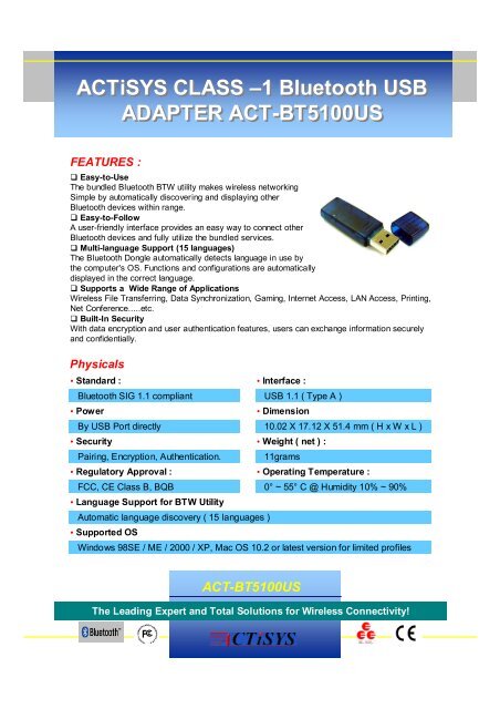 ACTiSYS CLASS –1 Bluetooth USB ADAPTER ACT-BT5100US ...