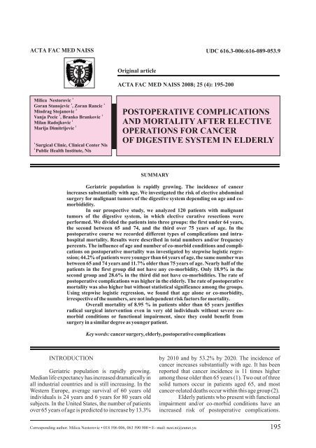 Postoperative Complications And Mortality After Elective Operations