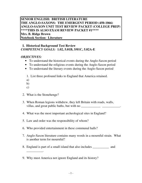 anglo-saxon unit test review packet