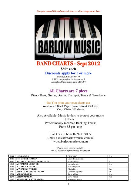 BAND CHARTS – Sept 2012 - Barlow Music