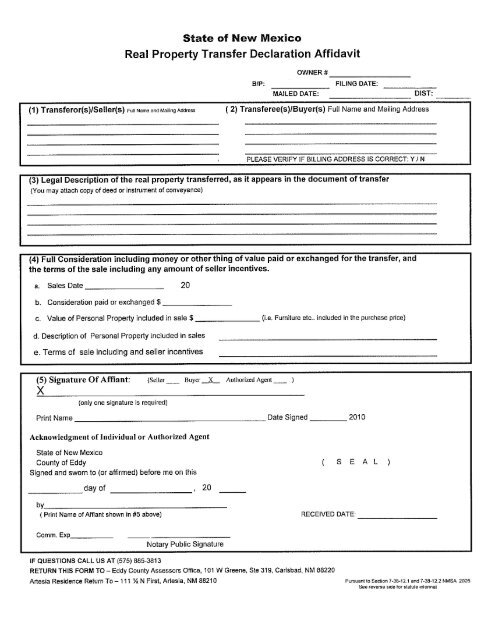 Real Property Transfer Declaration Affidavit - Eddy County