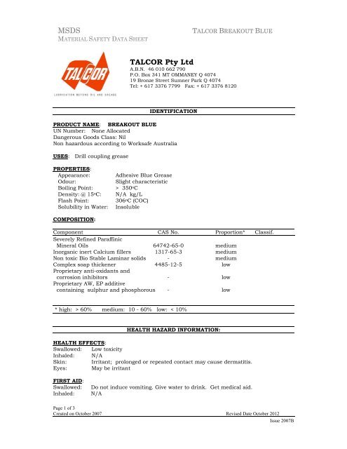 Msds alcor reakout lue - Talcor