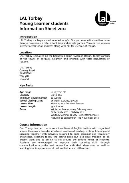 LAL Torbay Young Learner students Information Sheet 2012