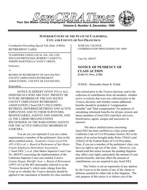 NOTICE OF PENDENCY OF CLASS ACTION - SamCERA