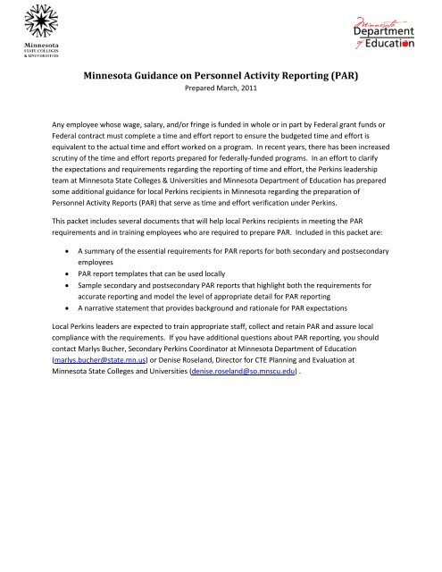Minnesota Guidance on Personnel Activity Reporting (PAR)