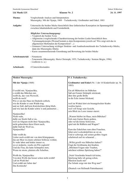 Klausur 1997 - Didaktische Analyse von Musik