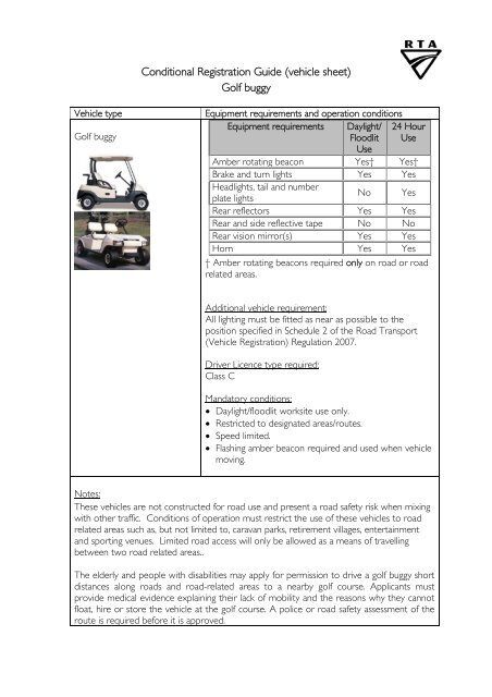 Conditional Registration Guide (vehicle Sheet) Golf Buggy - RTA