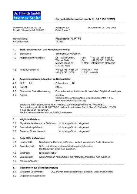 Sicherheitsdatenblatt nach RL 91 / 155 / EWG Fluorstatic 70 PTFE
