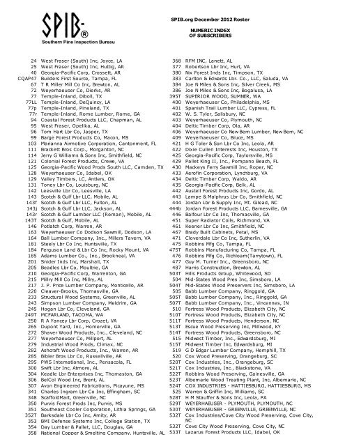 SPIB Mill Numeric Subscriber Roster Index