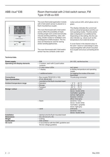 ABB i-bus® EIB Room thermostat with 2-fold switch sensor, FM Type ...