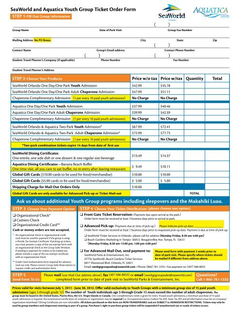 SeaWorld and Aquatica Youth Group Ticket Order Form - Florida ...