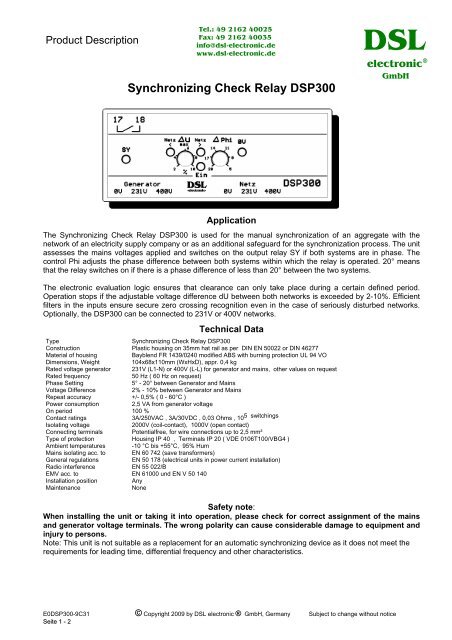Synchronizing Check Relay DSP300 - DSL electronic ® GmbH