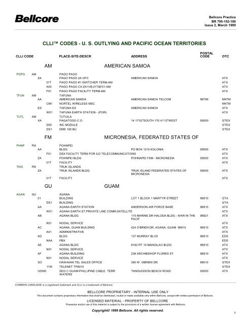 CLLI(TM) Codes - U.S. Outlying and Pacific Ocean Territories