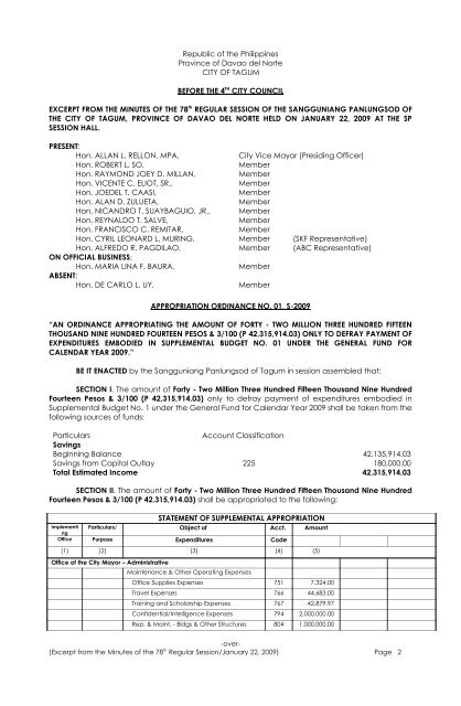 APPROPRIATION ORDINANCE NO - Tagum City