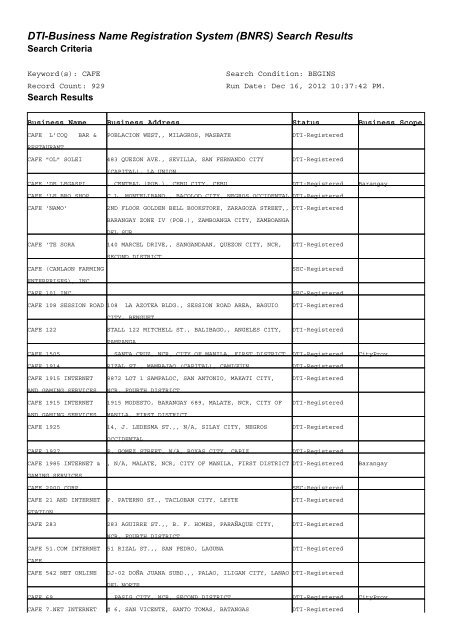DTI-Business Name Registration System (BNRS) Search Results