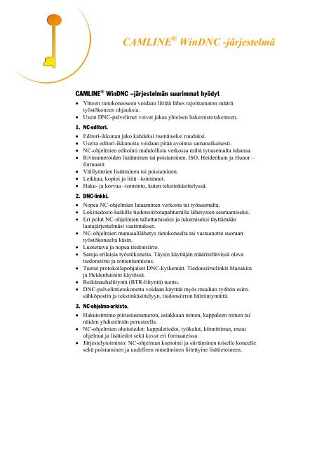 CAMLINE® WinDNC -järjestelmä - Camline Oy