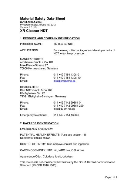 Material Safety Data-Sheet XR Cleaner NDT - duerr-ndt.de
