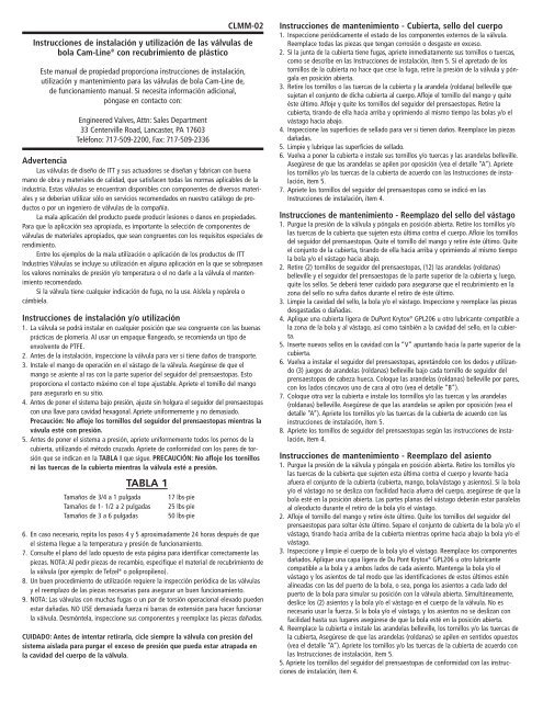 TABLA 1 - ITT Engineered Valves