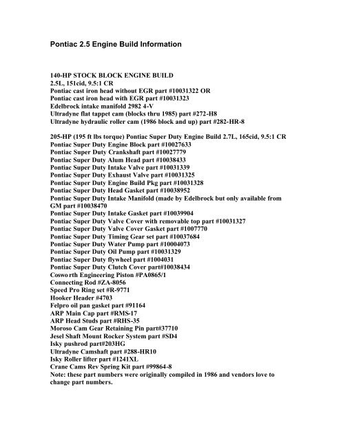 Pontiac 2.5 Engine Build Information