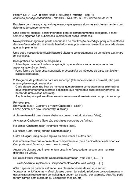 Pattern STRATEGY (Fonte: Head First Design Patterns – cap. 1 ...