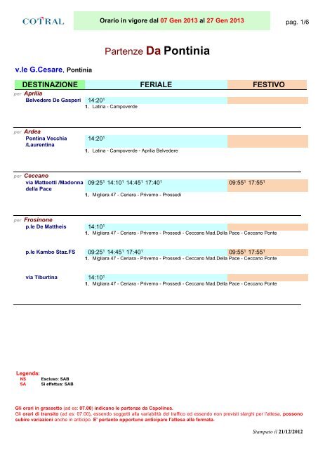 Partenze Da Pontinia - Cotral SpA