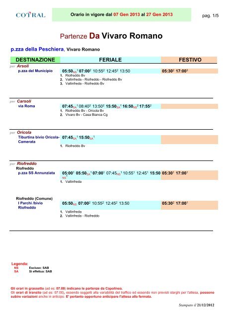 Partenze Da Vivaro Romano - Cotral SpA