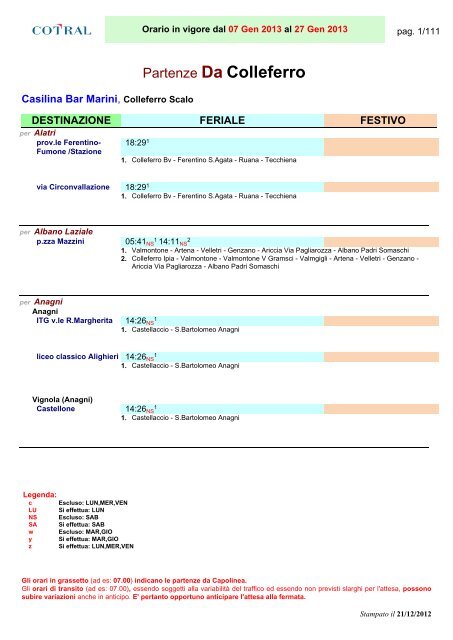 Partenze Da Colleferro - Cotral SpA