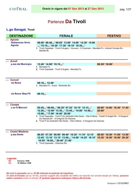 Partenze Da Tivoli - Cotral SpA
