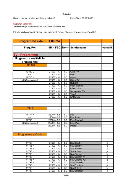Programm-Liste EKP 24 TV - Programme - Dura Sat Großhandel