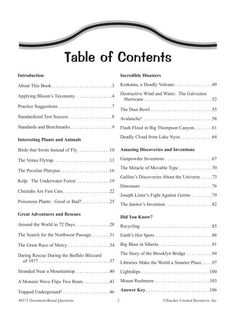 Table of Contents - Teacher Created Resources