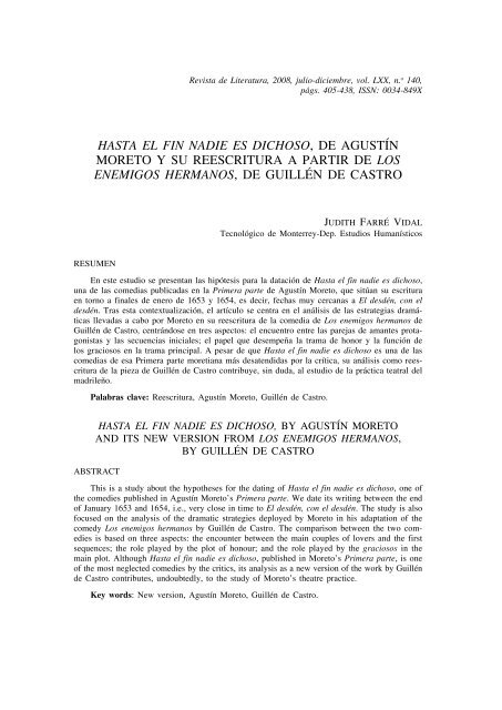 Hasta el fin nadie es dichoso, de Agustín Moreto y su reescritura a ...